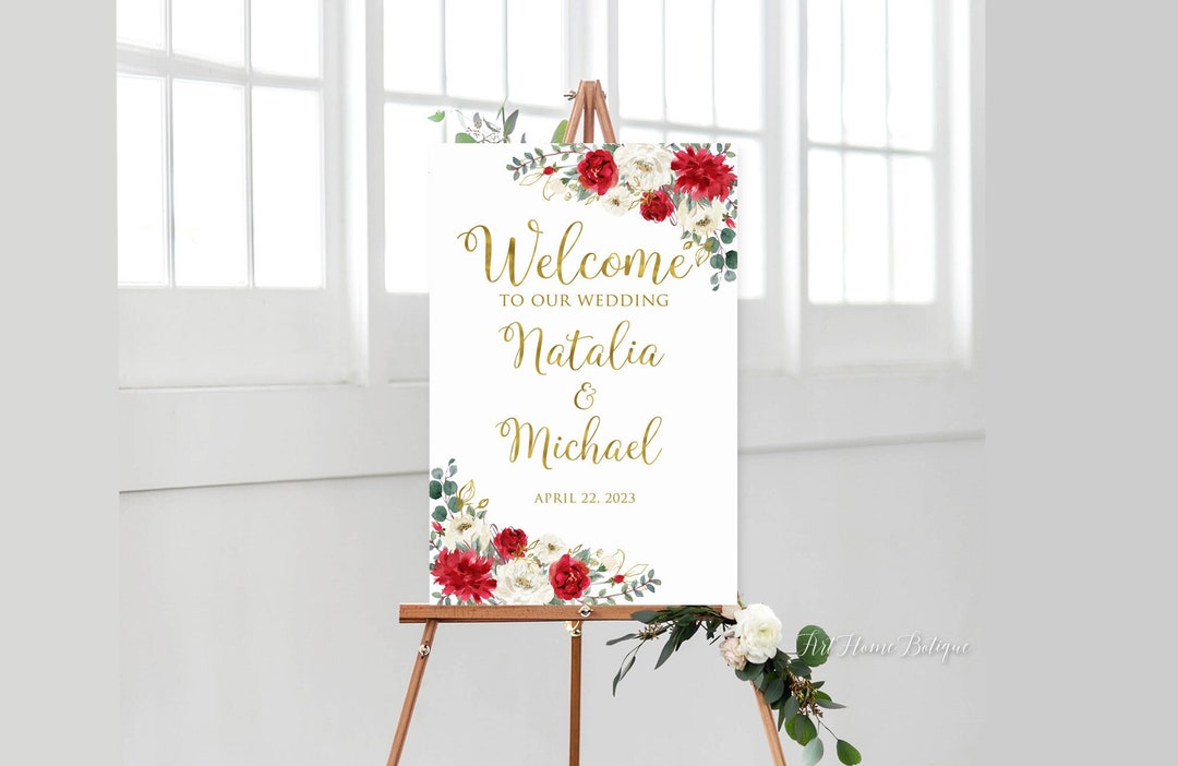 Red Gold Wedding Welcome Sign, Red Floral Welcome Sign, Red and White ...