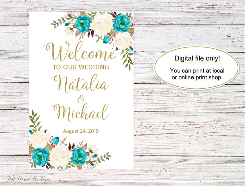 Teal Wedding Welcome Sign Teal and Gold Wedding Welcome Sign | Etsy