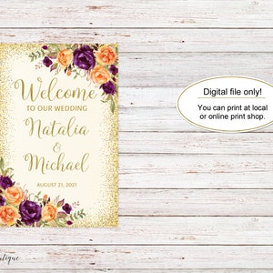 Fall Wedding Welcome Sign, Ivory Purple and Orange Welcome Poster, Plum ...