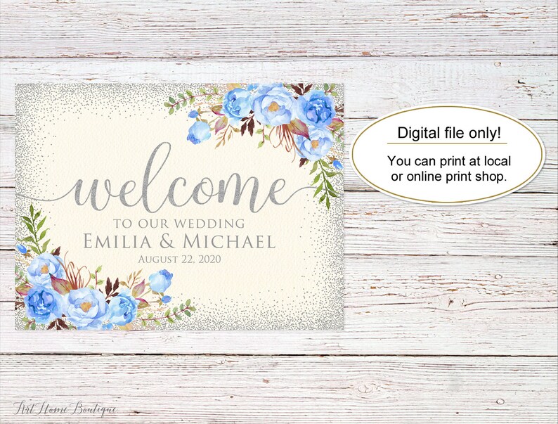 Blue Welcome Wedding Sign, Ivory Welcome to Our Wedding Sign, Silver ...