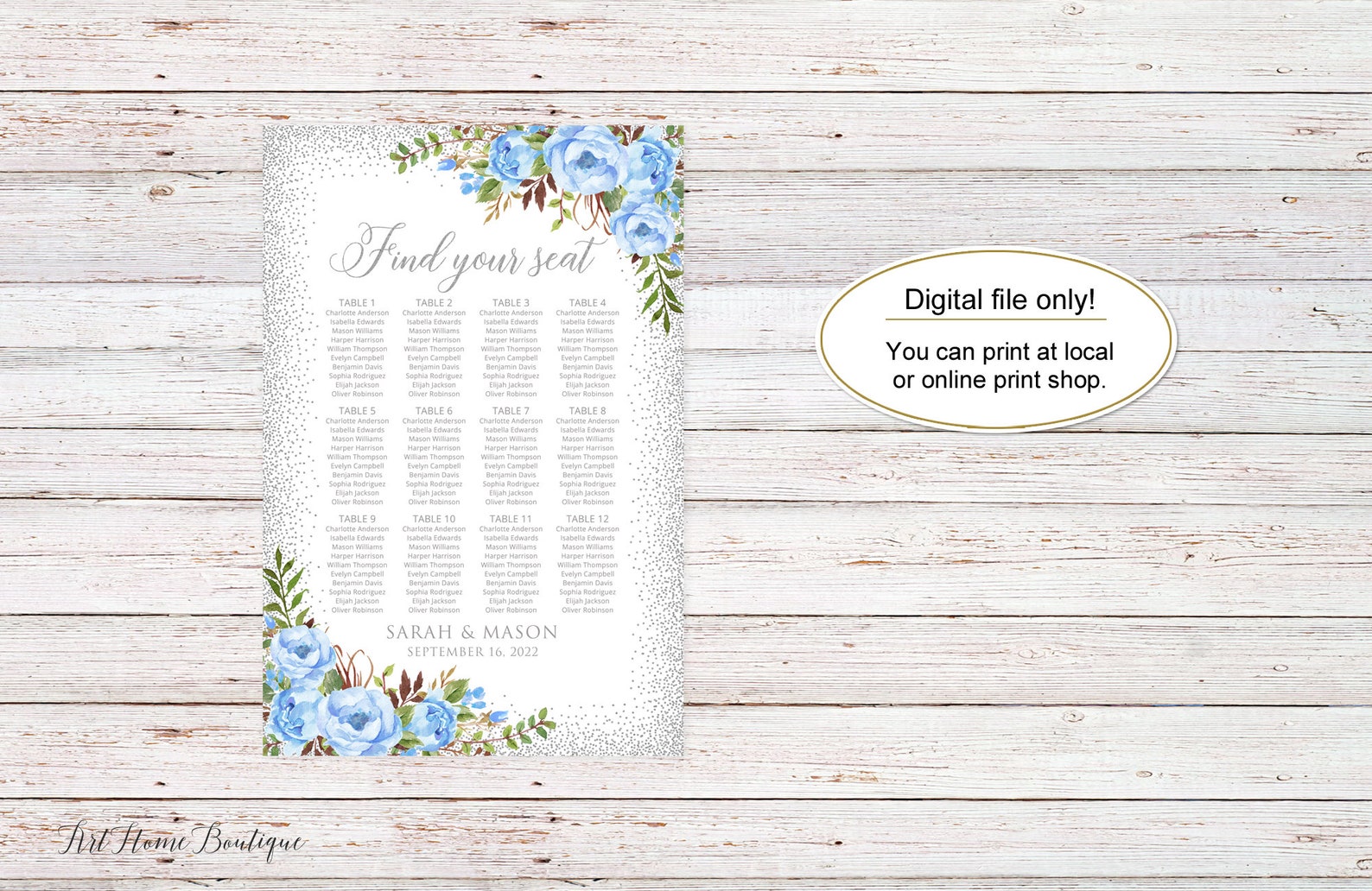 Blue Wedding Seating Chart Blue Silver Seating Plan Find - Etsy