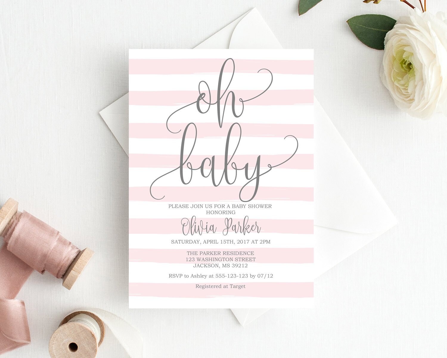 Striped Baby Shower Invitation Oh Baby Invitation Watercolor | Etsy