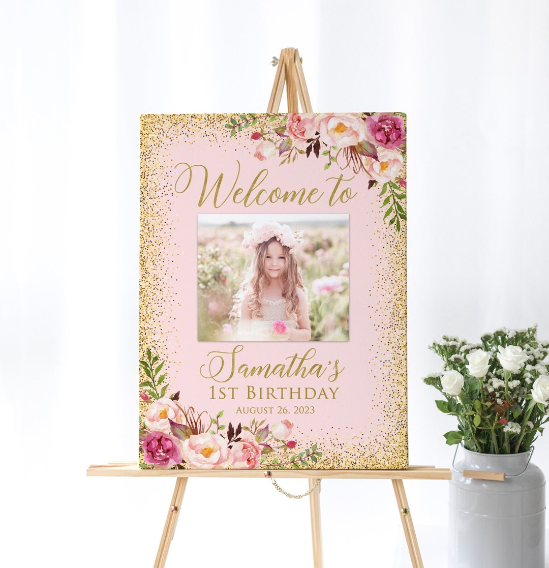 1st Birthday Welcome Sign, Photo Birthday Welcome Sign, Blush Gold ...
