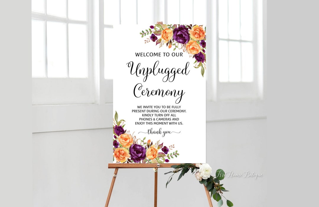 Purple and Orange Unplugged Ceremony Sign, Plum and Pumpkin Wedding ...