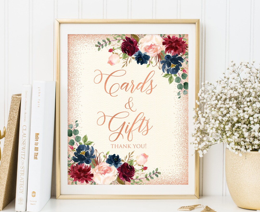 Cards and Gifts Sign, Gift Table Sign, Floral Printable Sign, Rose Gold ...