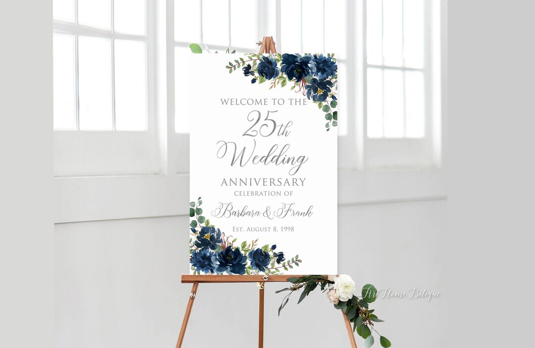 25th Anniversary Welcome Sign, Navy Anniversary Welcome Sign, Silver ...