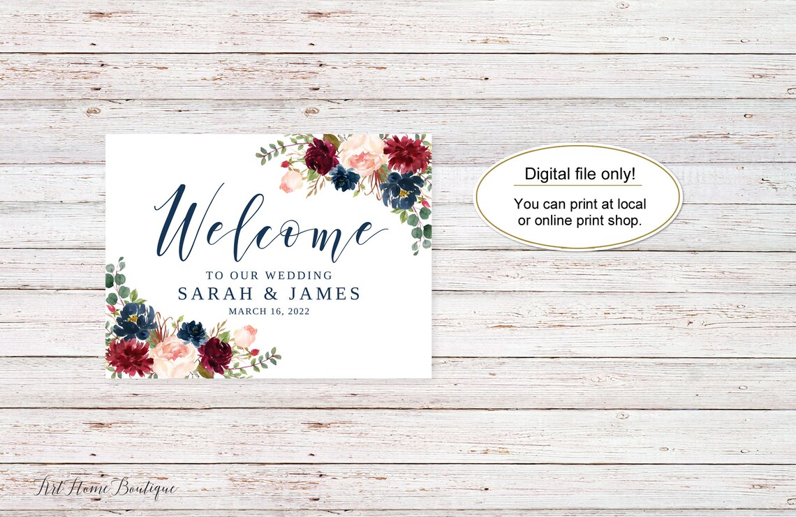 Navy Wedding Welcome Sign Blue Wedding Sign Burgundy and - Etsy