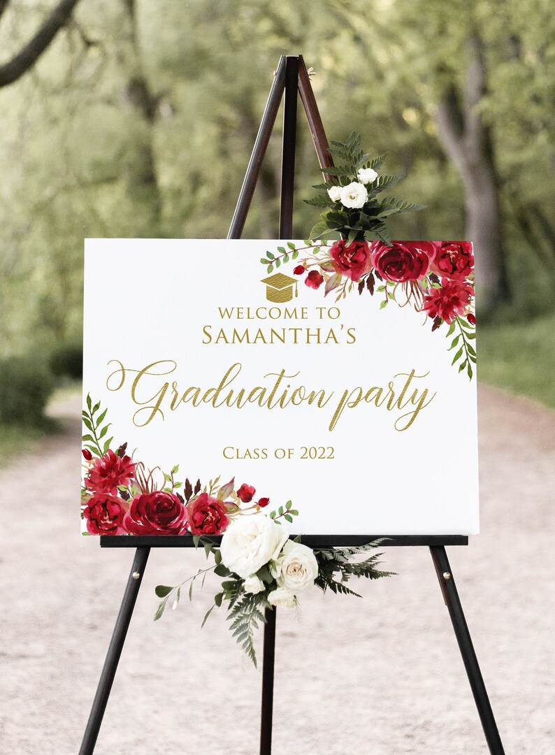 Red and Gold Graduation Party Welcome Sign Floral Graduation - Etsy