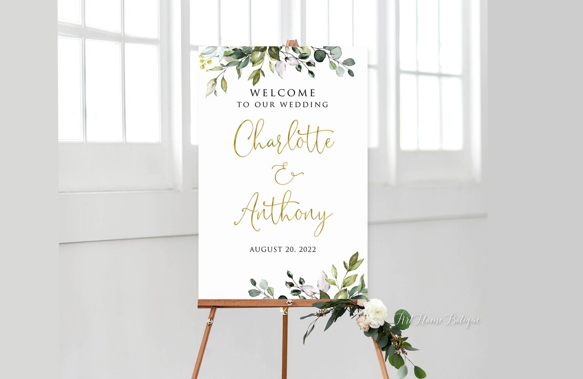 Greenery and Gold Wedding Welcome Sign Botanical Wedding - Etsy