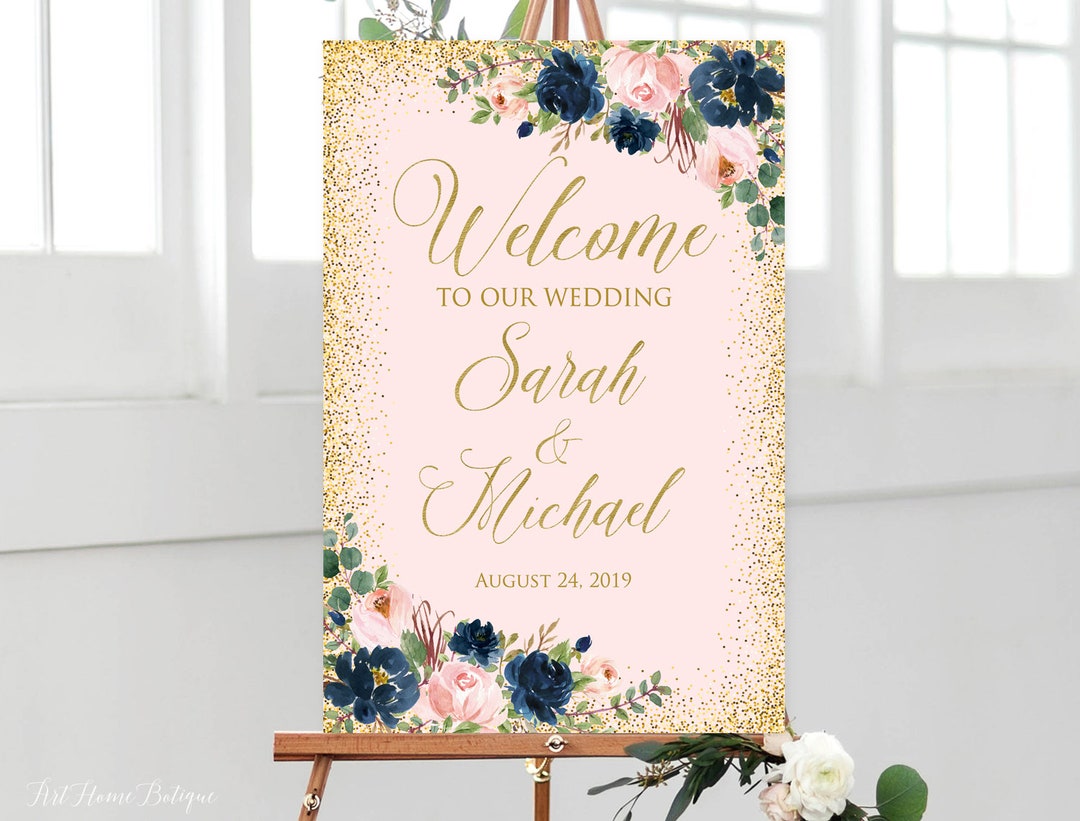 Welcome Wedding Sign, Blush Navy Gold Wedding Welcome Sign, Floral ...