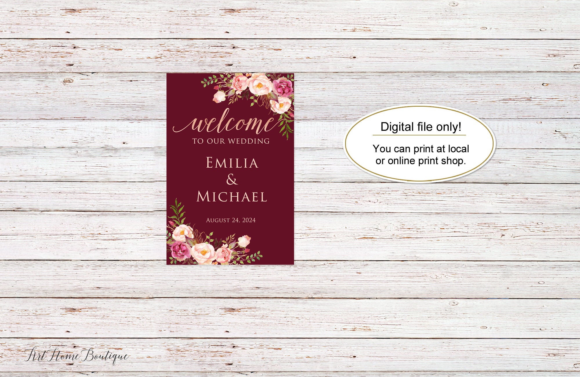 Burgundy Wedding Welcome Sign, Rose Gold Wedding Sign, Burgundy Welcome ...