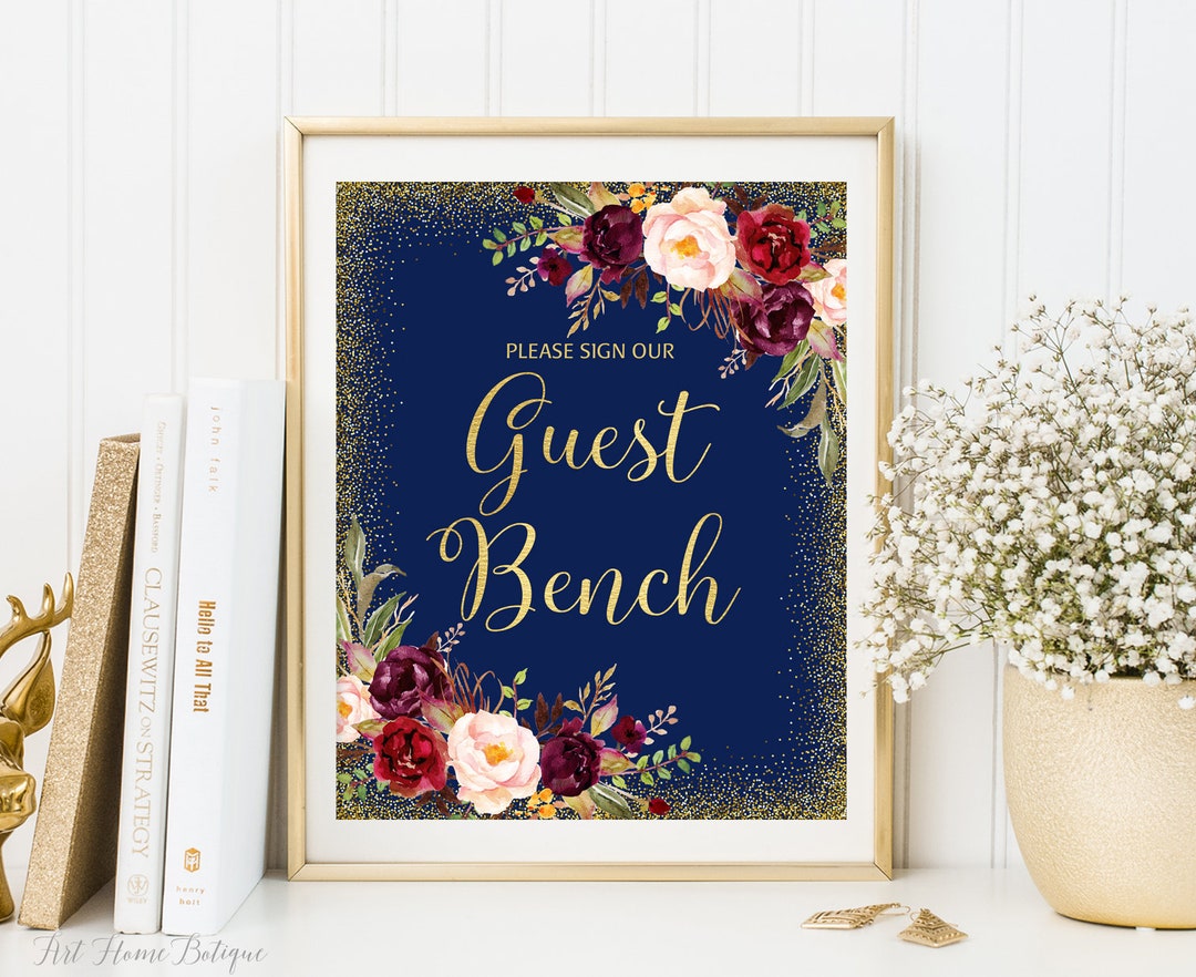 Navy Guest Bench Sign, Please Sign Our Guest Bench, Wedding Guest Book ...