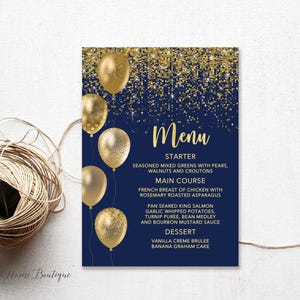 Navy Menu Card, Dark Blue Menu With Gold Balloons and Confetti, Digital ...