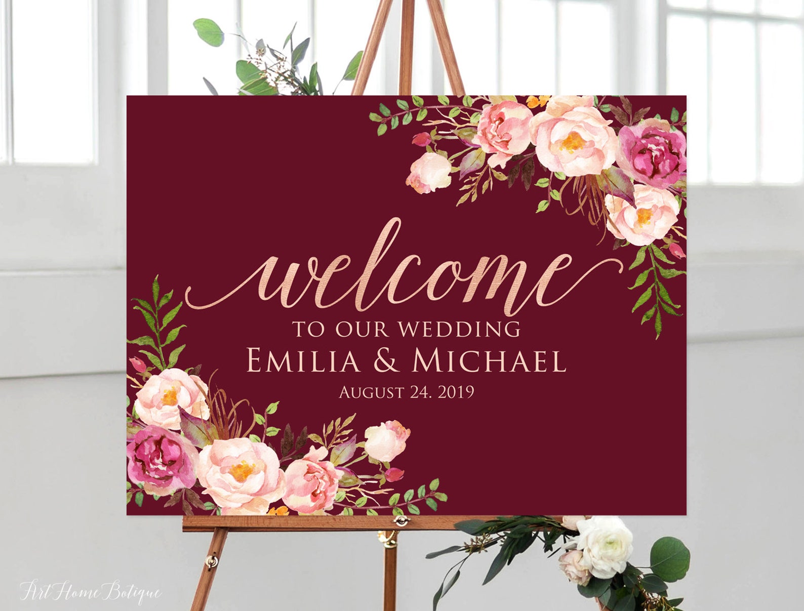 Burgundy Wedding Welcome Sign Rose Gold Welcome to Our | Etsy