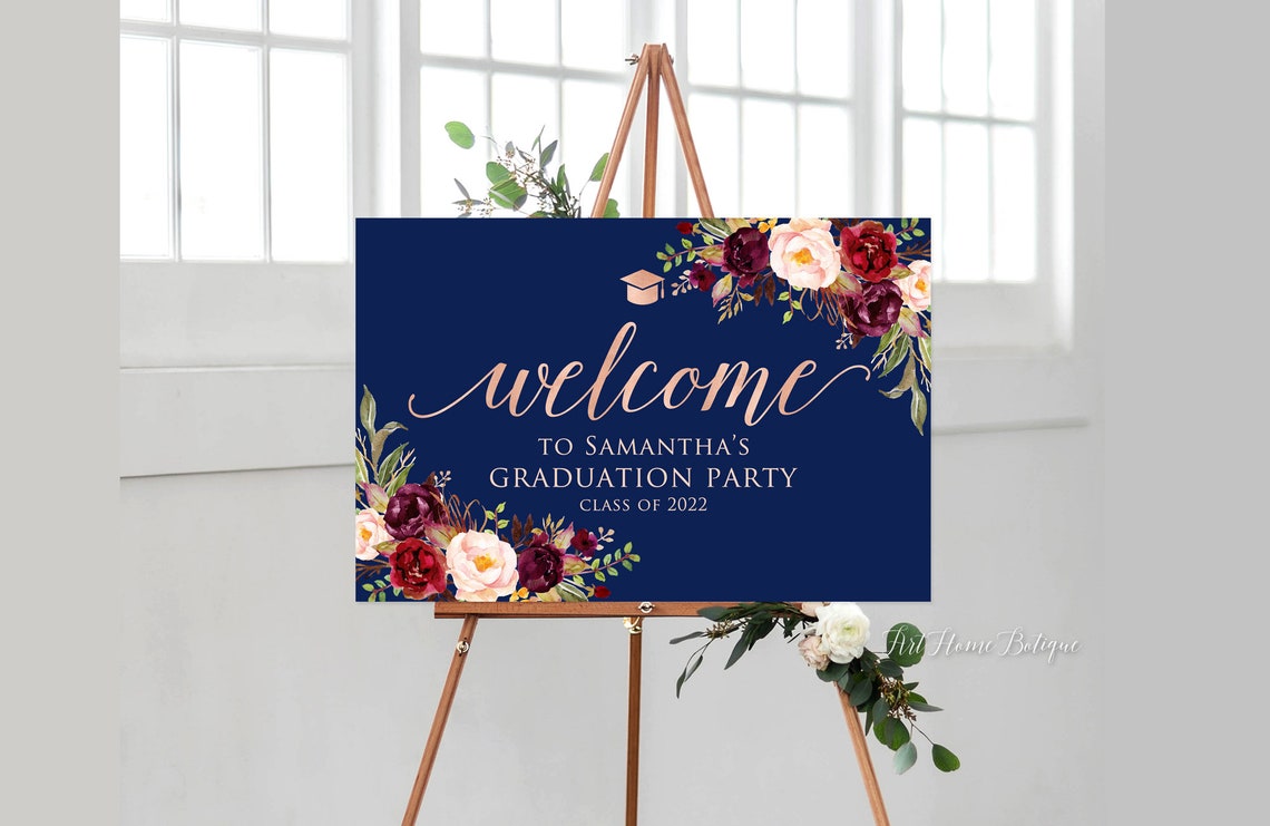 Navy Graduation Party Welcome Sign Burgundy Graduation - Etsy