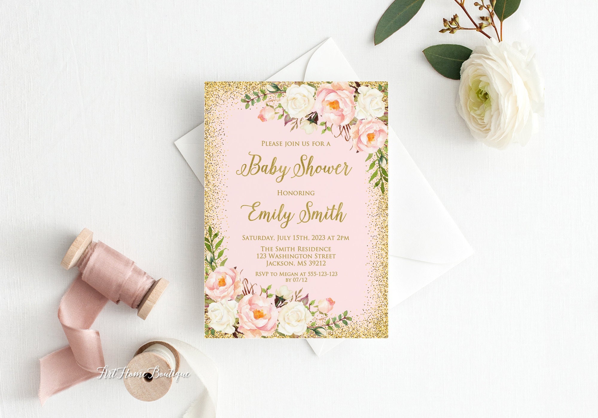 Baby Shower Invitation, Blush Pink Baby Shower Invitation, Watercolor ...