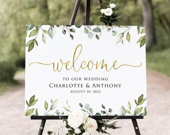 Printable Green and Gold Wedding Welcome Sign Green Leaf & - Etsy