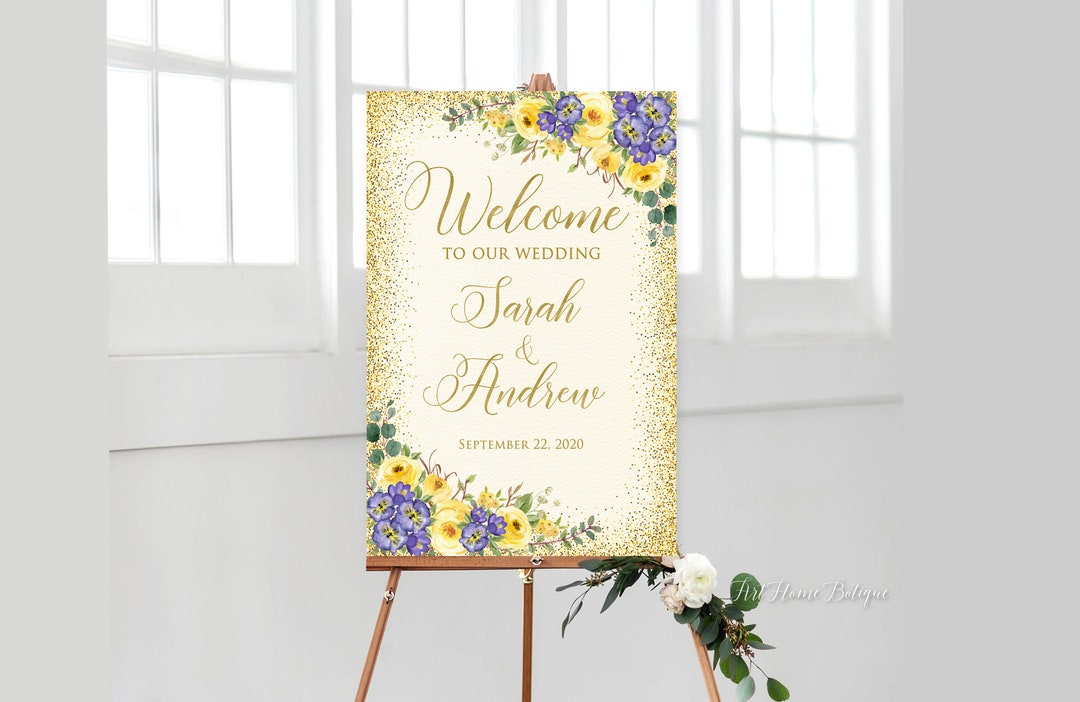 Yellow and Violet Wedding Welcome Sign, Ivory Gold Welcome Wedding Sign ...