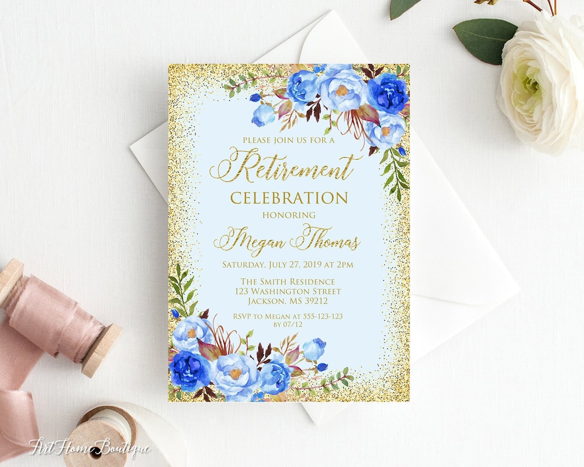 Retirement Party Invitation, Blue Gold Retirement Invitation ...
