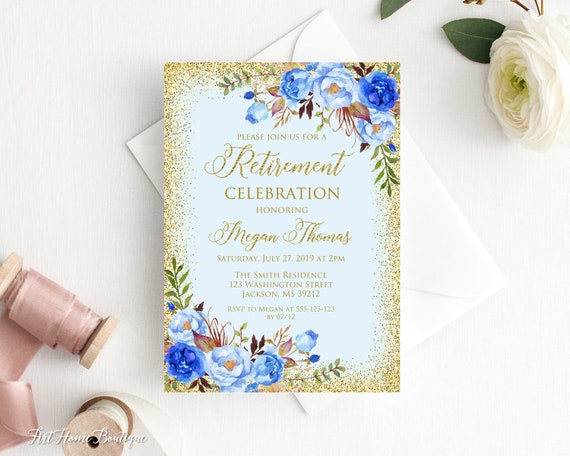 Retirement Party Invitation Blue Gold Retirement Invitation | Etsy