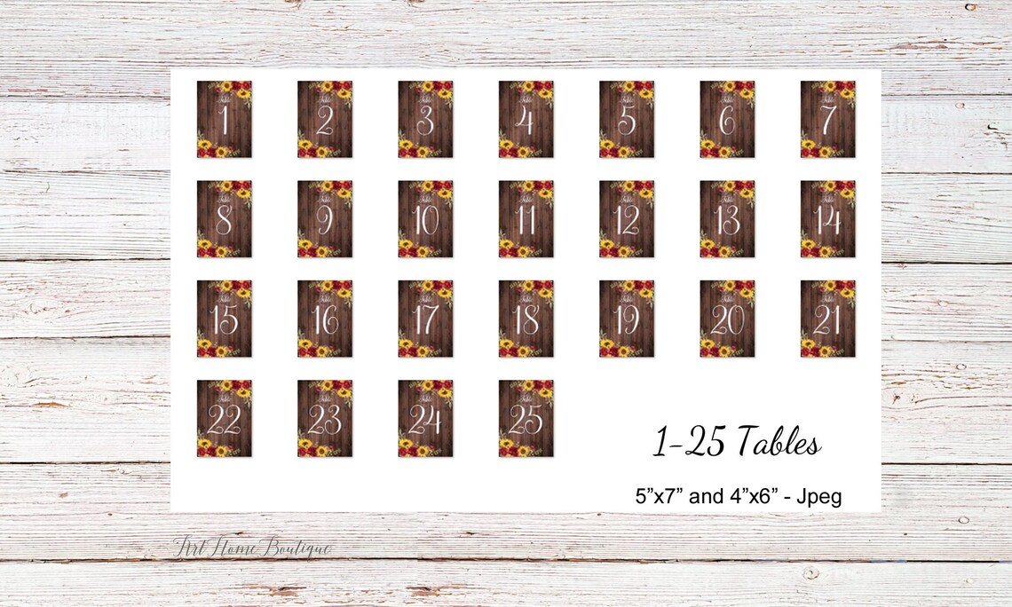Sunflower Wedding Table Numbers Rustic Table Numbers - Etsy