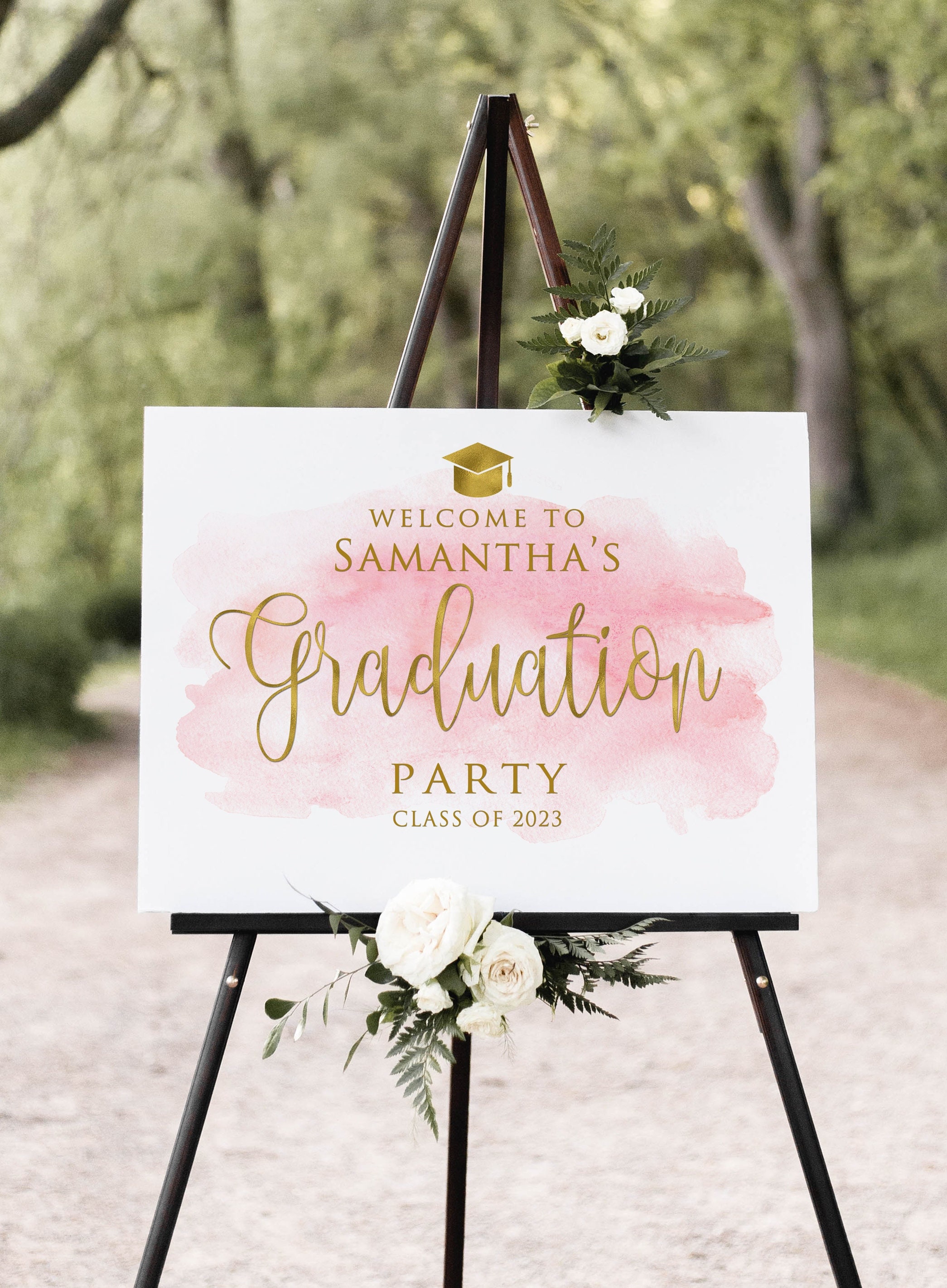 Pink and Gold Graduation Party Welcome Sign, Watercolor Graduation ...
