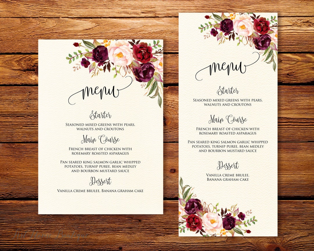 Menu Card, Birthday Menu Printable, Floral Ivory Menu Cards, BW41 - Etsy