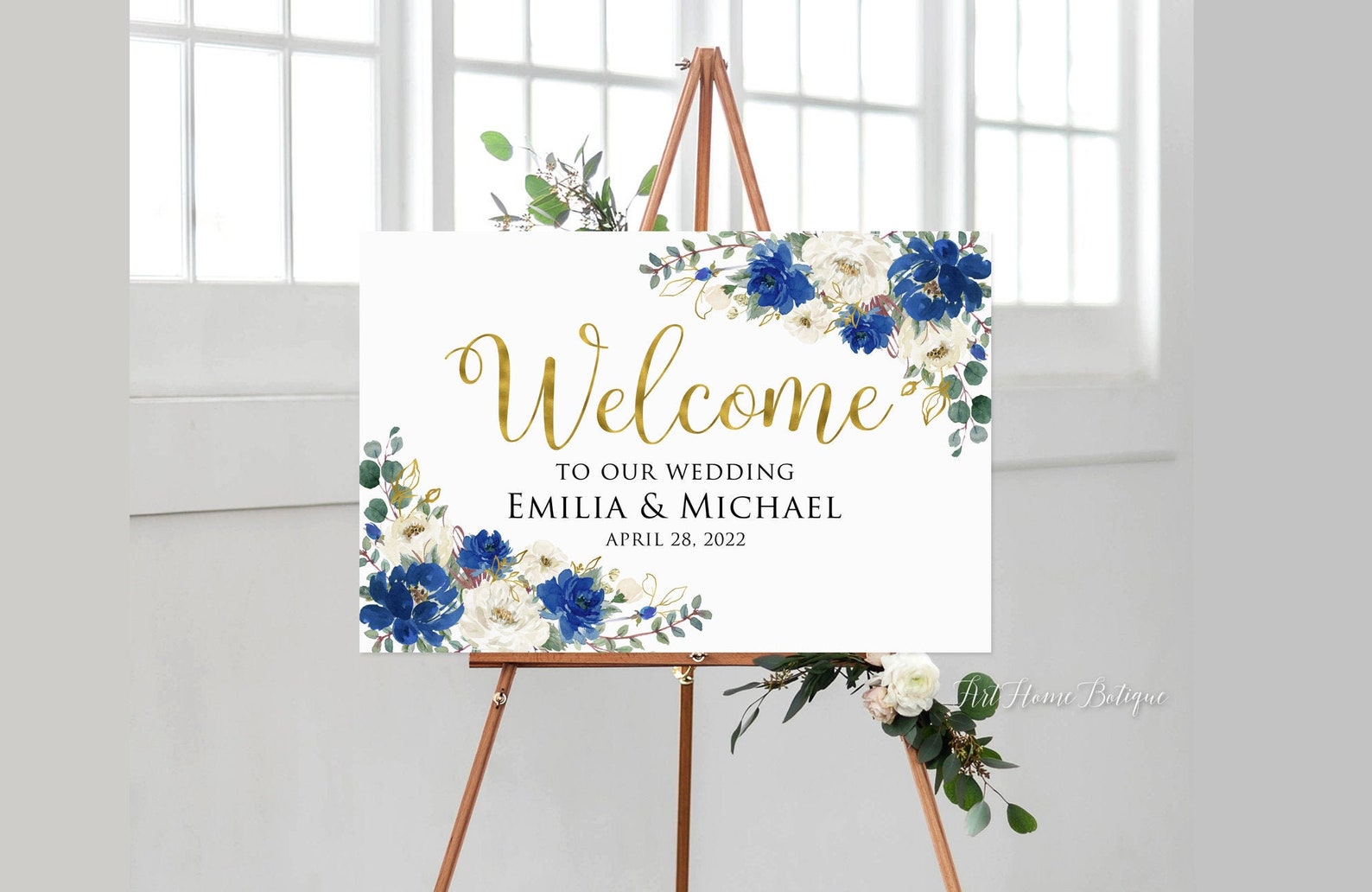 Blue Gold Wedding Welcome Sign Blue Floral Welcome Sign - Etsy