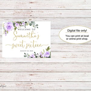 Purple Gold Sweet Sixteen Welcome Sign, Lavender Welcome Sign, Purple ...