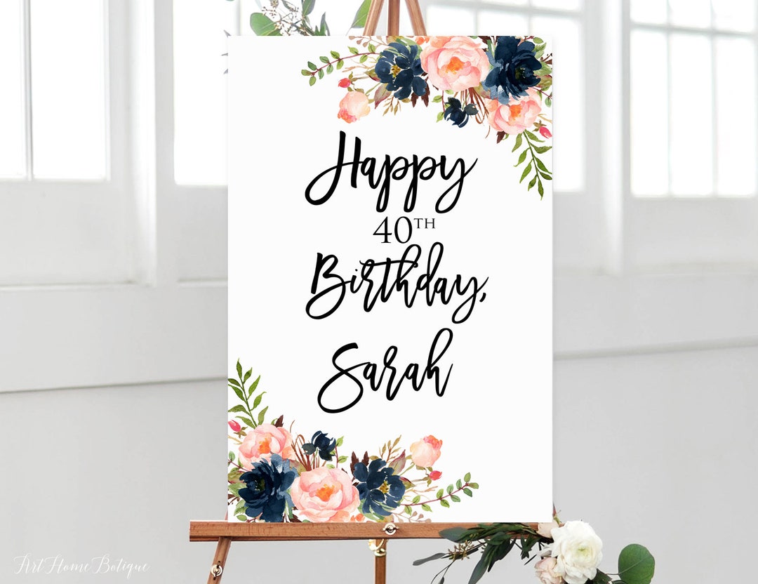 Happy Birthday Sign, Coral and Navy Birthday Welcome Sign, Large ...