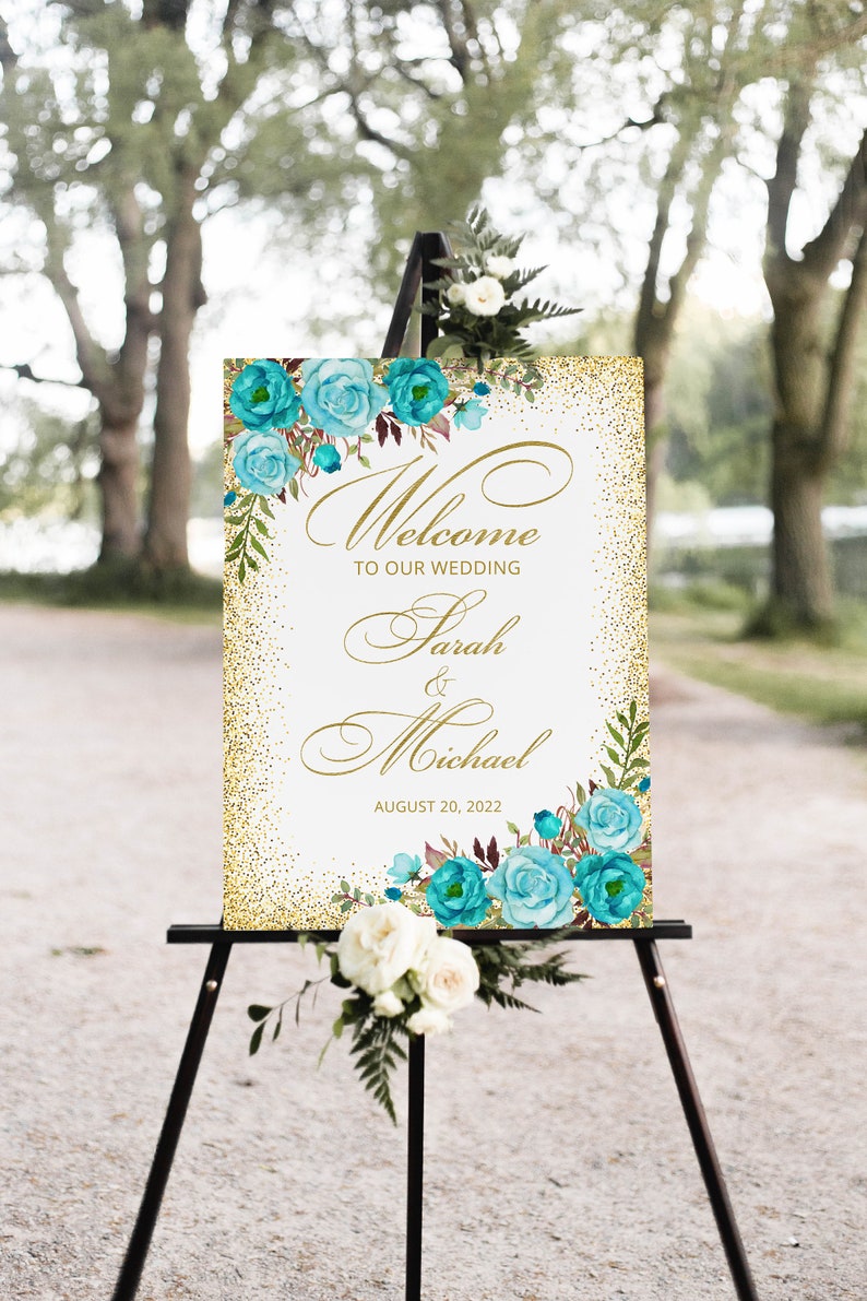 Teal Wedding Welcome Sign, Teal and Gold Wedding Welcome Sign, Welcome ...