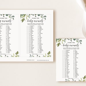 Name the Baby Animal Game, Greenery Baby Shower Games, Botanical Baby ...