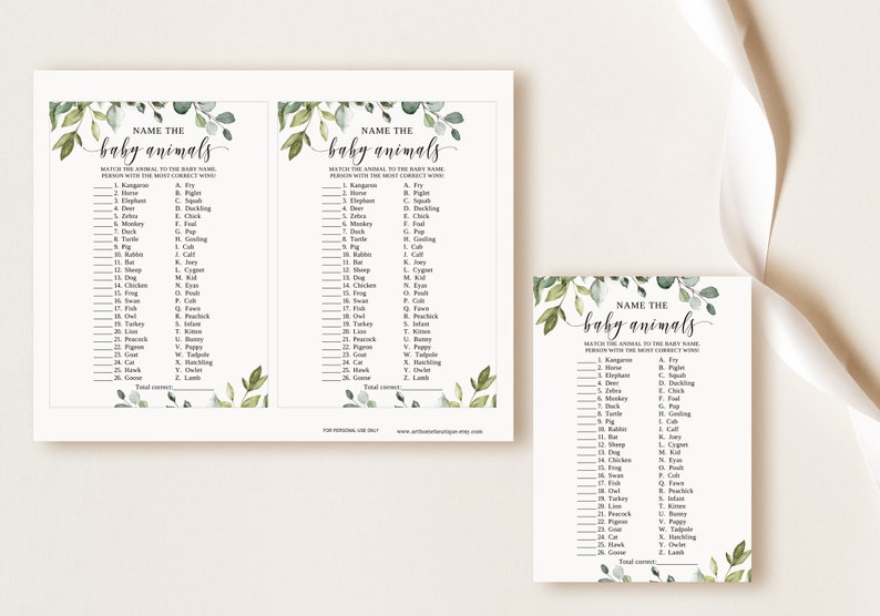 Name the Baby Animal Game Greenery Baby Shower Games | Etsy