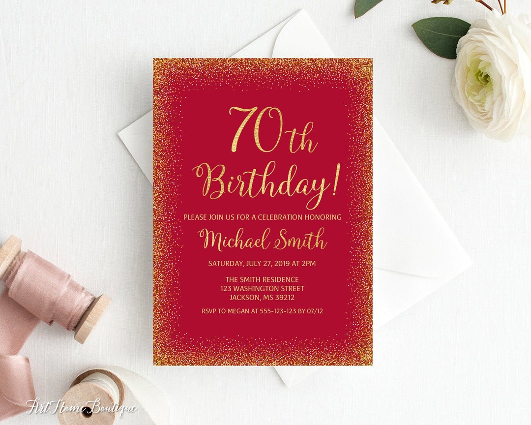 70th Birthday Invitation, Red Birthday Invitation, Any Age, Red and ...
