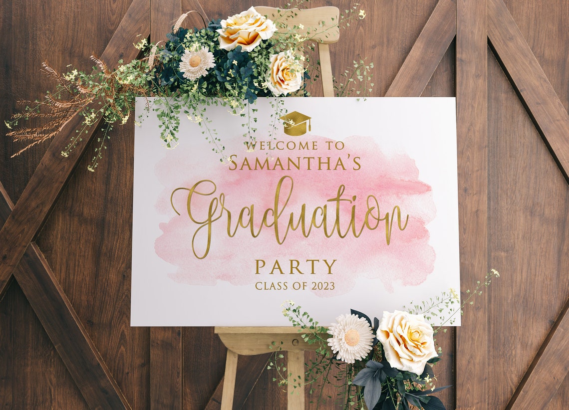 Pink and Gold Graduation Party Welcome Sign, Watercolor Graduation ...