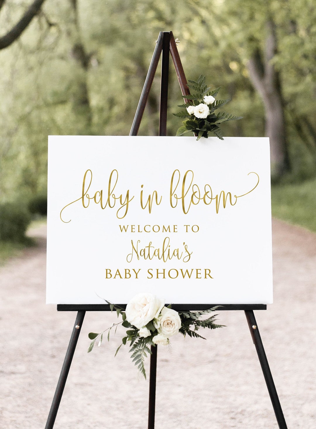 Baby in Bloom Welcome Sign, Gold Baby Shower Welcome Sign, Digital File ...