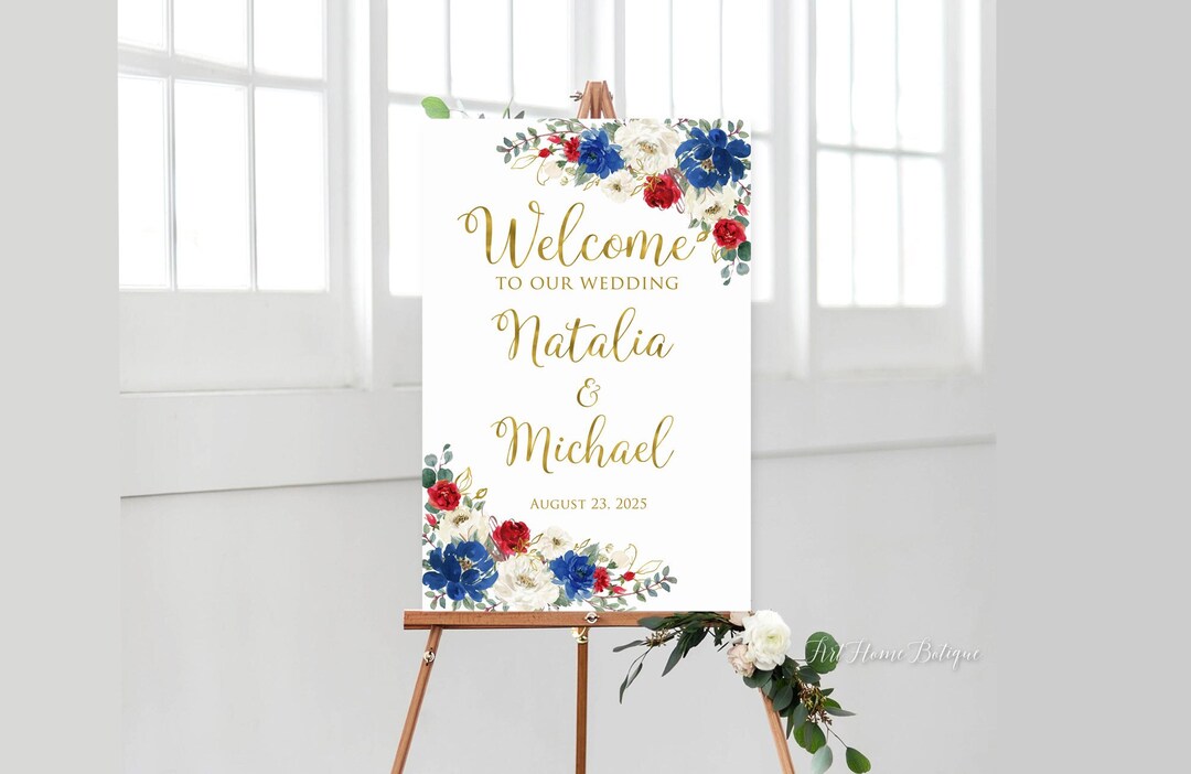 Red Blue White Wedding Welcome Sign, Red Floral Welcome Sign, Blue Red ...