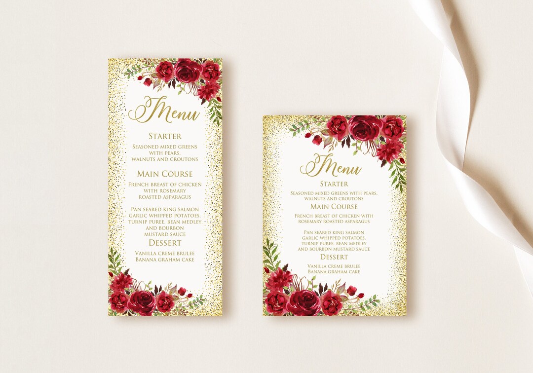 Red and Gold Menu Card, Red Wedding Menu, Birthday Menu Printable, Gold ...