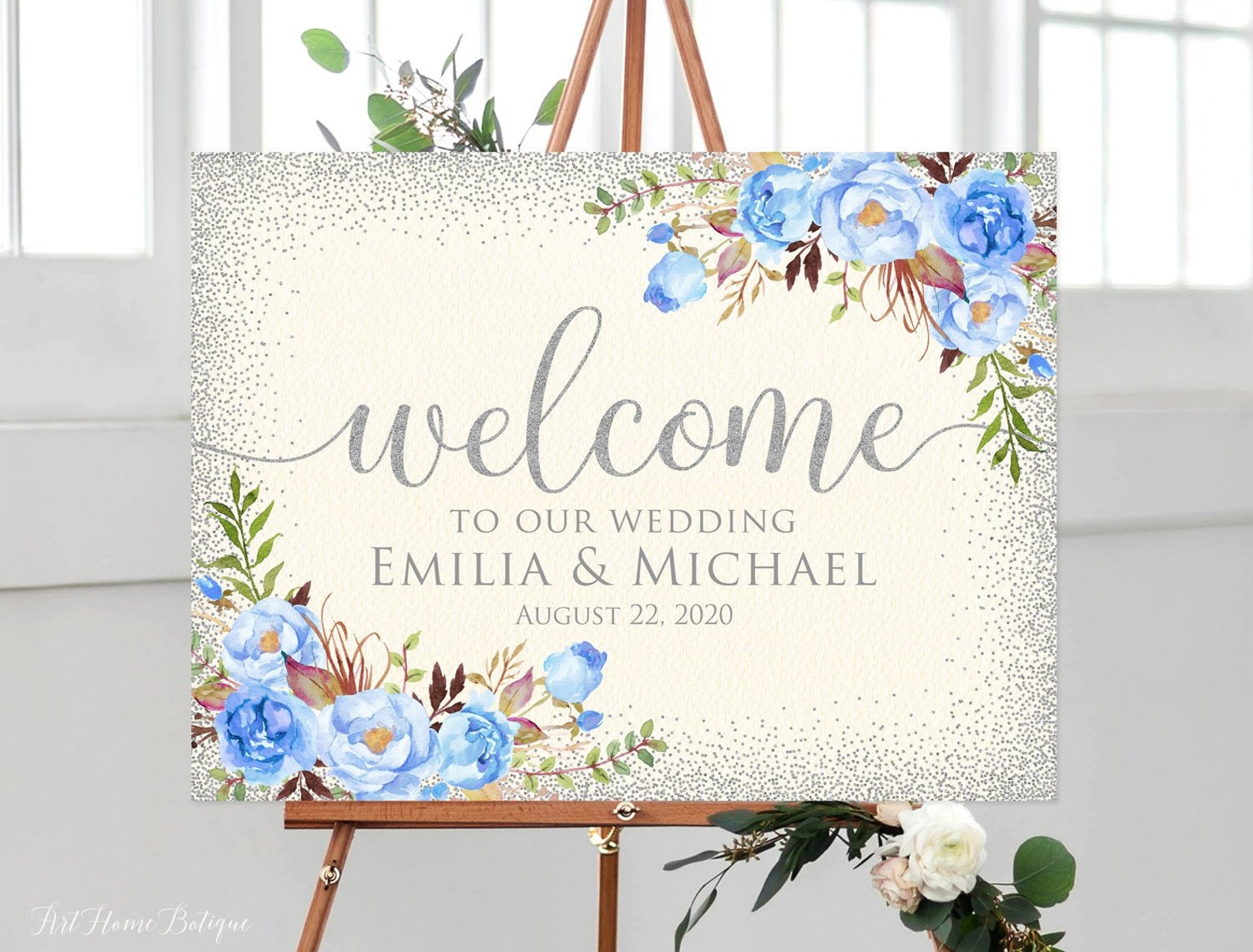 Blue Welcome Wedding Sign, Ivory Welcome to Our Wedding Sign, Silver ...