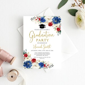 Red Blue Graduation Party Invitation, Red Blue White Graduation ...