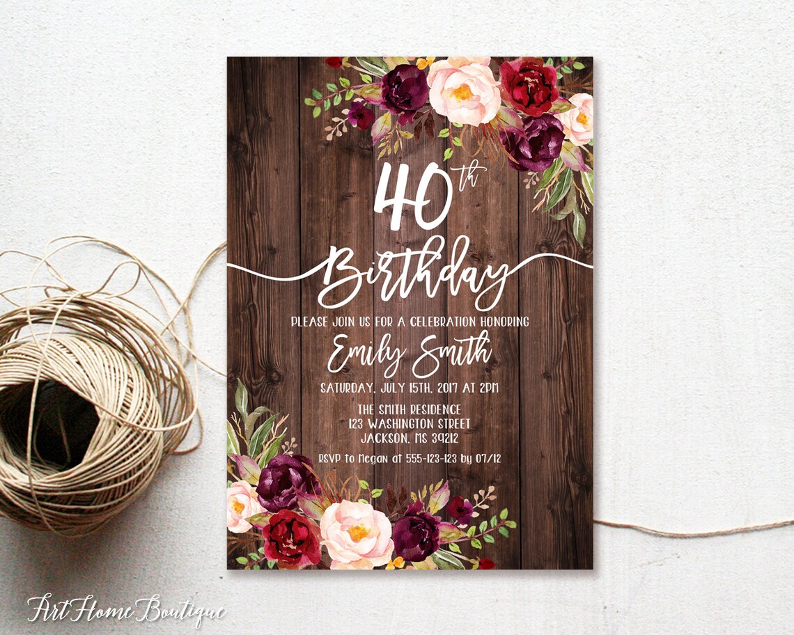 40th Birthday Invitation Any Age Rustic Birthday Invitation - Etsy