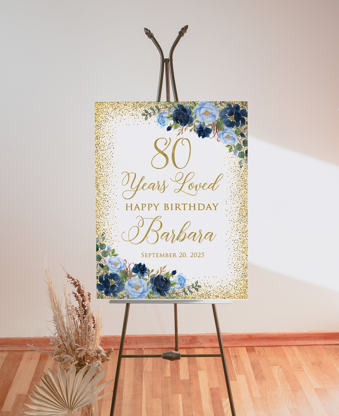 Blue and Gold Birthday Welcome Sign, Floral Blue Birthday Sign, 80th ...