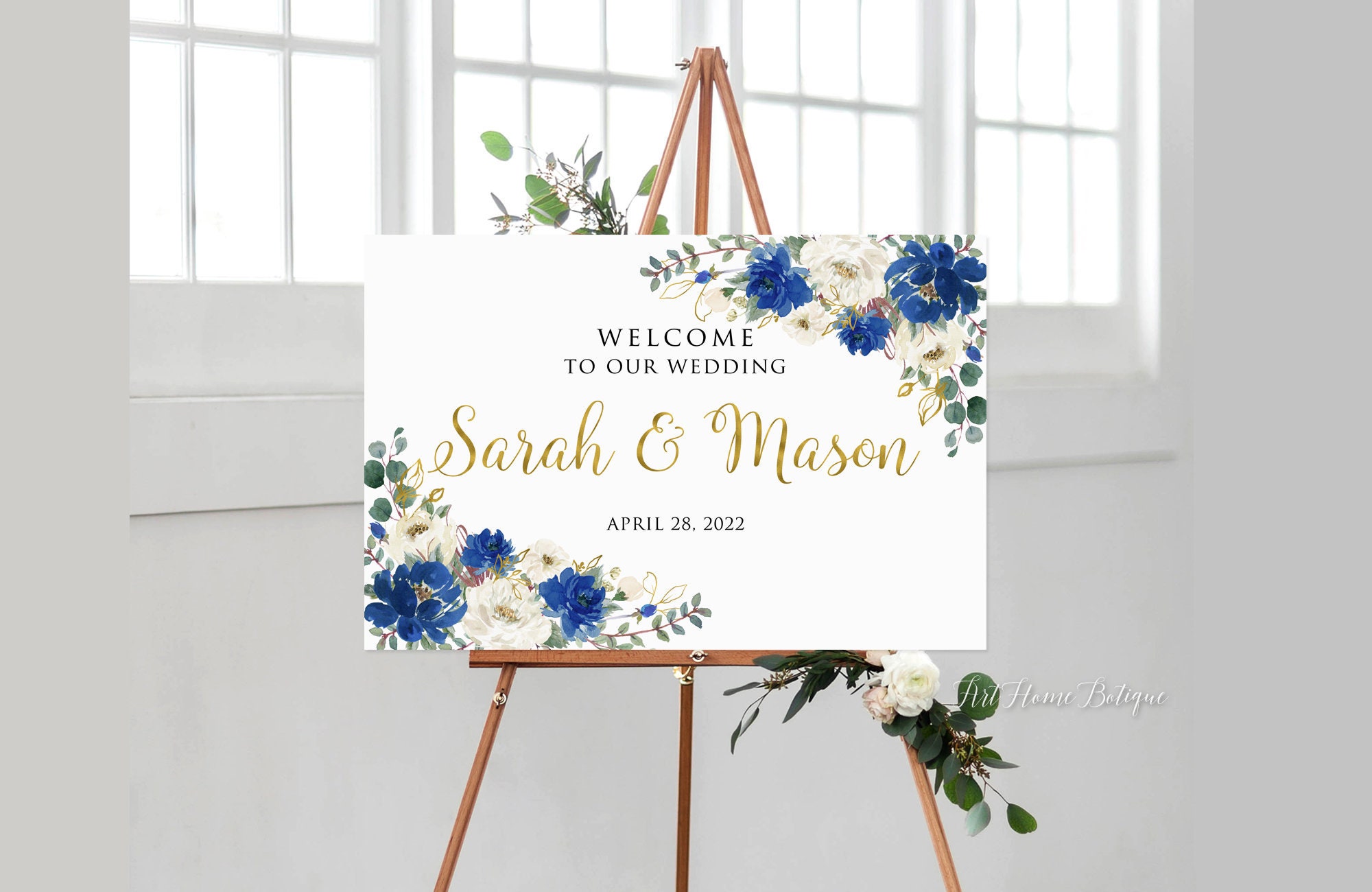 Gold Blue Wedding Welcome Sign Blue Floral Welcome Ign - Etsy UK