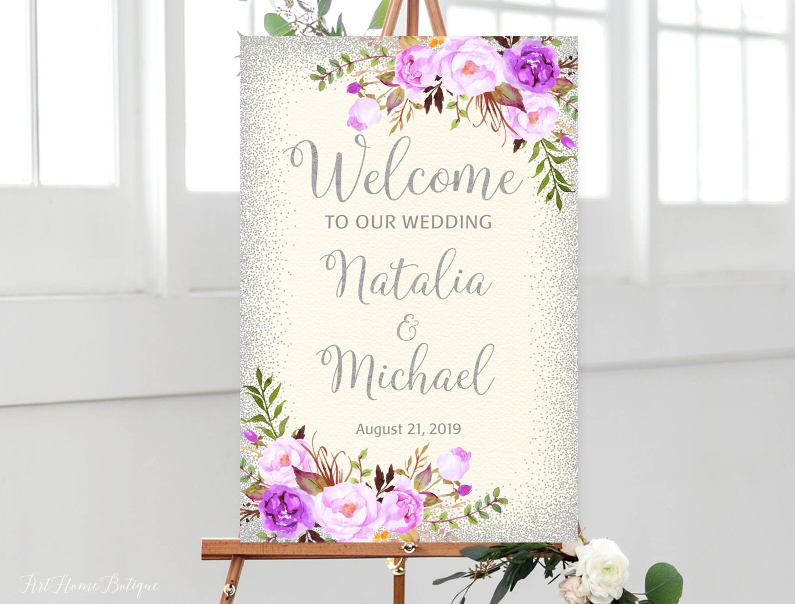 Purple Welcome Wedding Sign, Ivory Welcome to Our Wedding Sign, Large ...