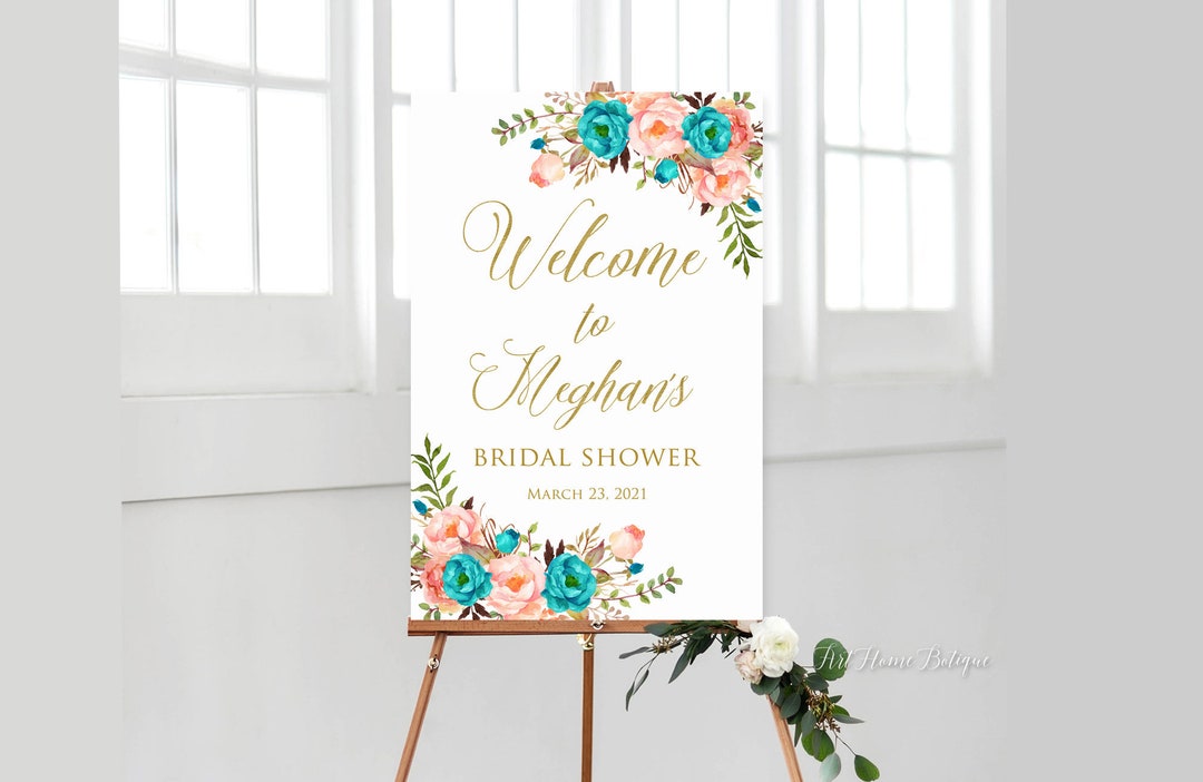 Teal Coral Gold Bridal Shower Welcome Sign, Teal and Coral Welcome Sign ...