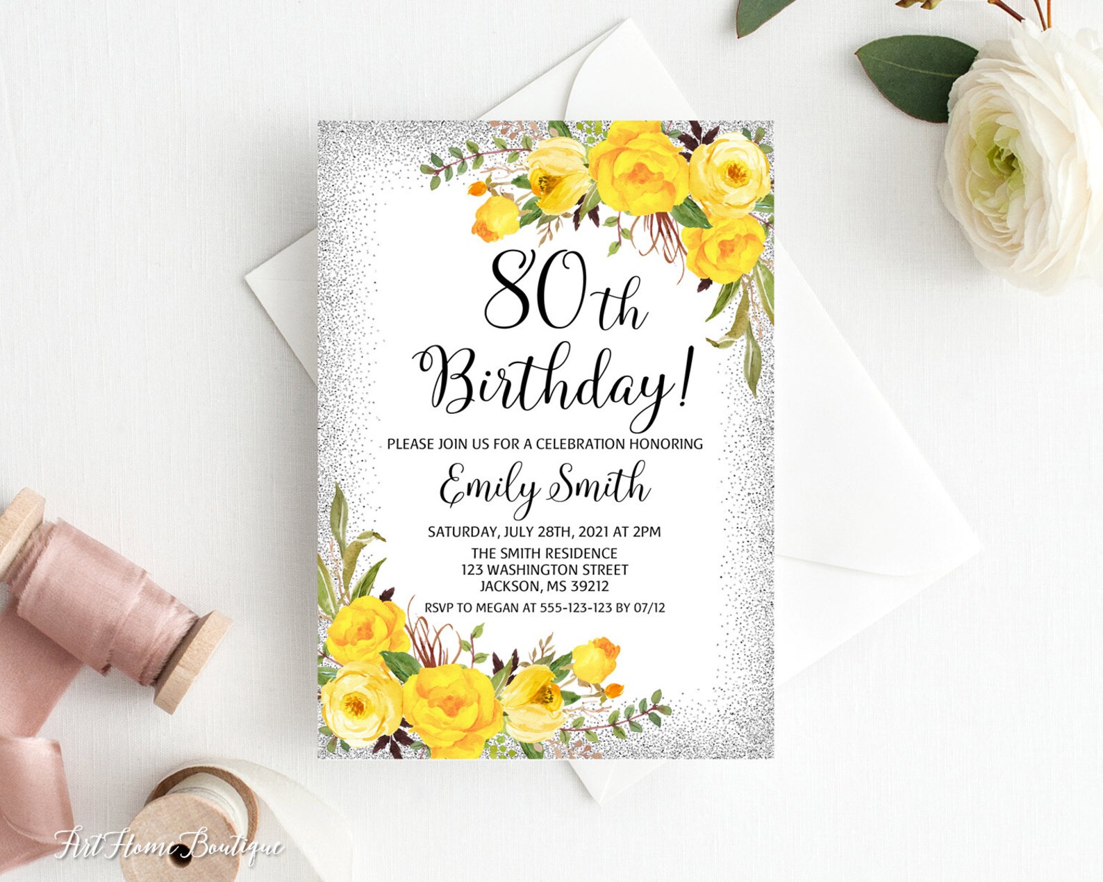 Yellow Floral 80th Birthday Invitation Any Age Birthday - Etsy