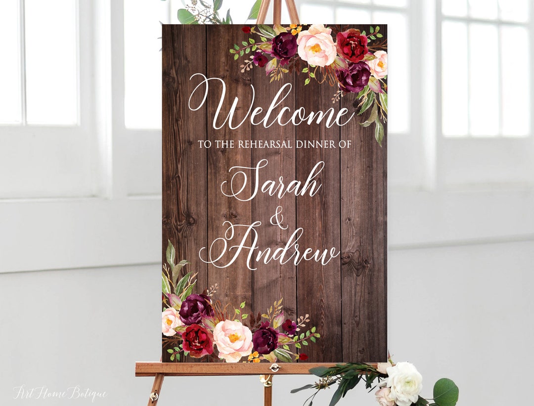 Rehearsal Dinner Welcome Sign, Rustic Burgundy Rehearsal Dinner Welcome ...