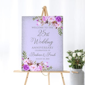 Purple Silver Wedding Anniversary Welcome Sign, 25th Anniversary ...