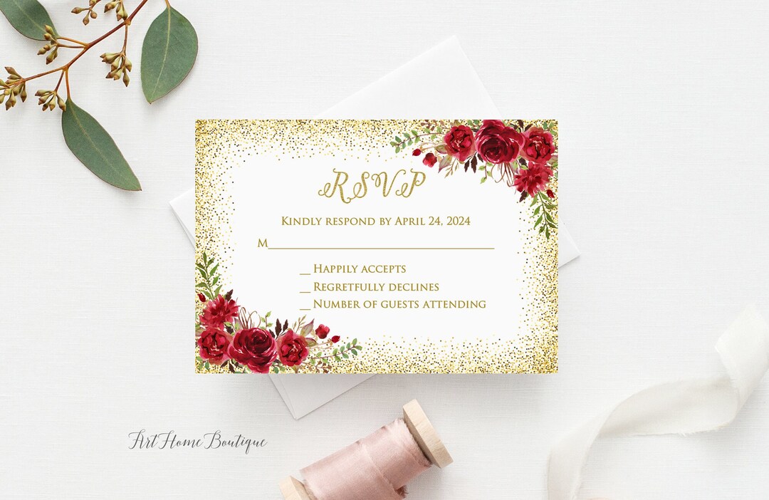 Red Gold RSVP Card, Wedding RSVP Card, Additional Cards, Red Flowers ...