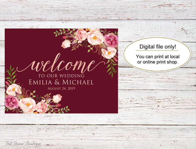 Burgundy Wedding Welcome Sign Rose Gold Welcome to Our | Etsy